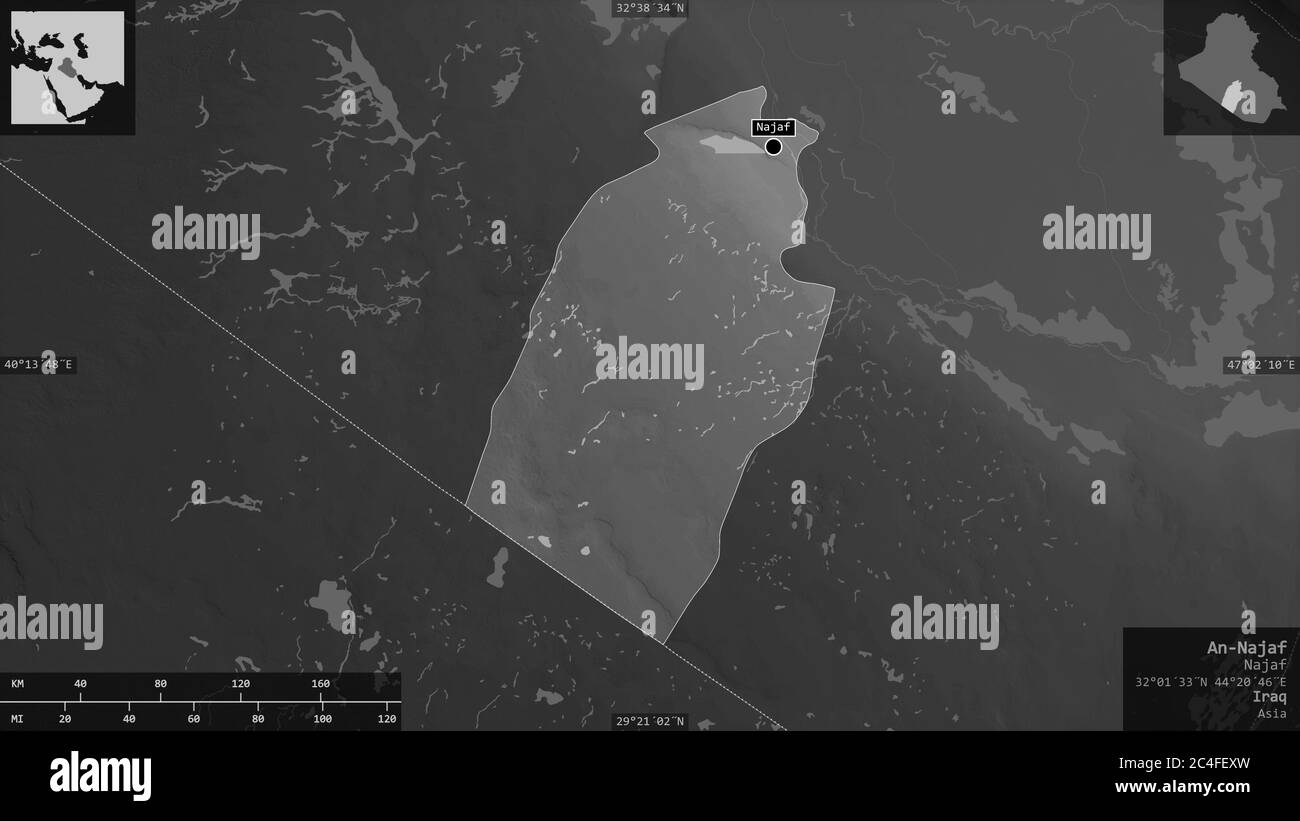 An-Najaf, province of Iraq. Grayscaled map with lakes and rivers. Shape ...