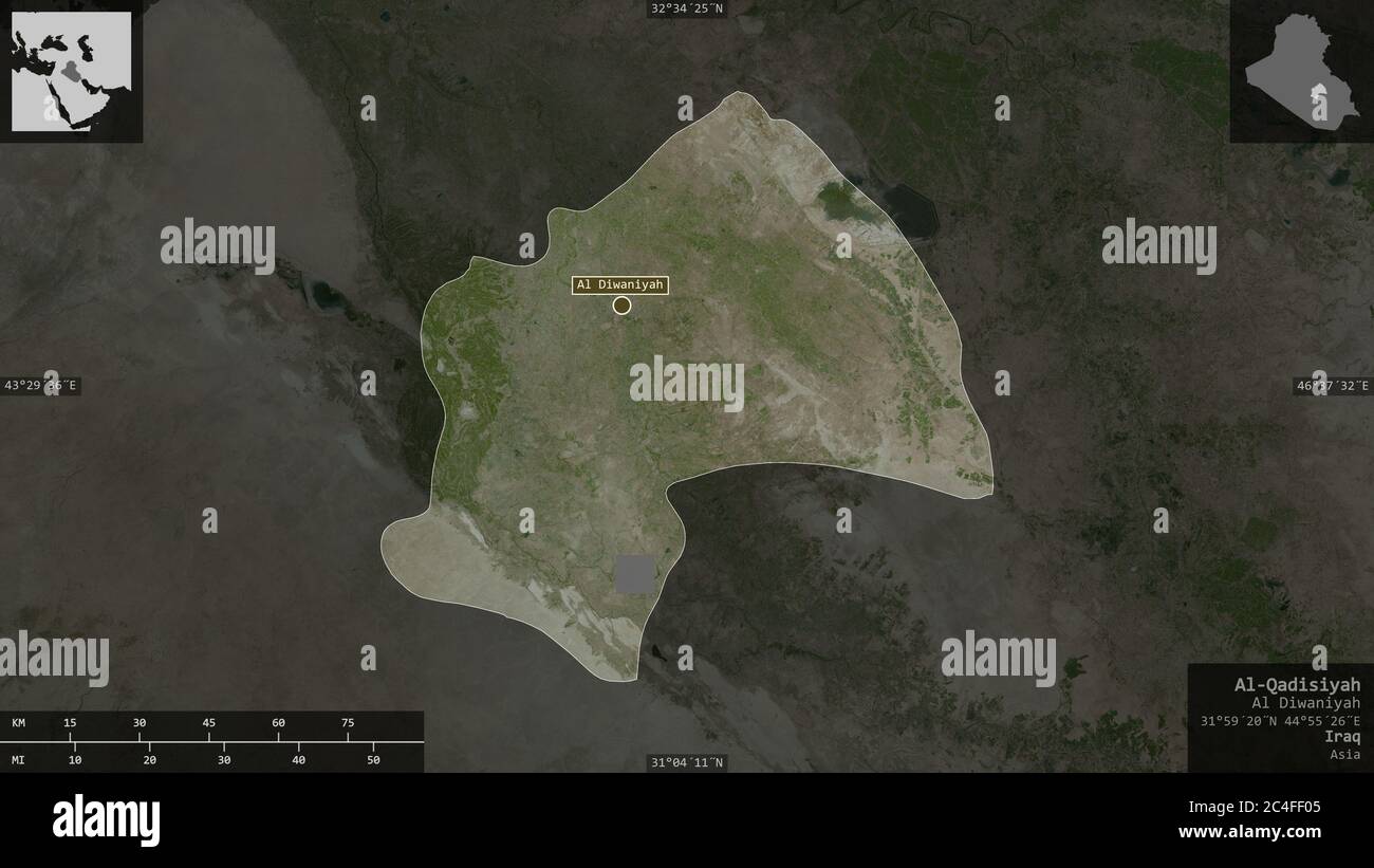 Al-Qadisiyah, province of Iraq. Satellite imagery. Shape presented ...