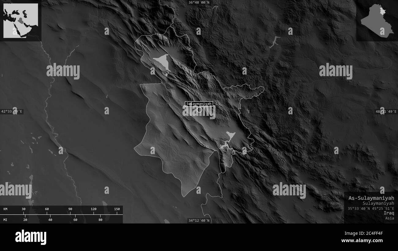 As-Sulaymaniyah, province of Iraq. Grayscaled map with lakes and rivers ...