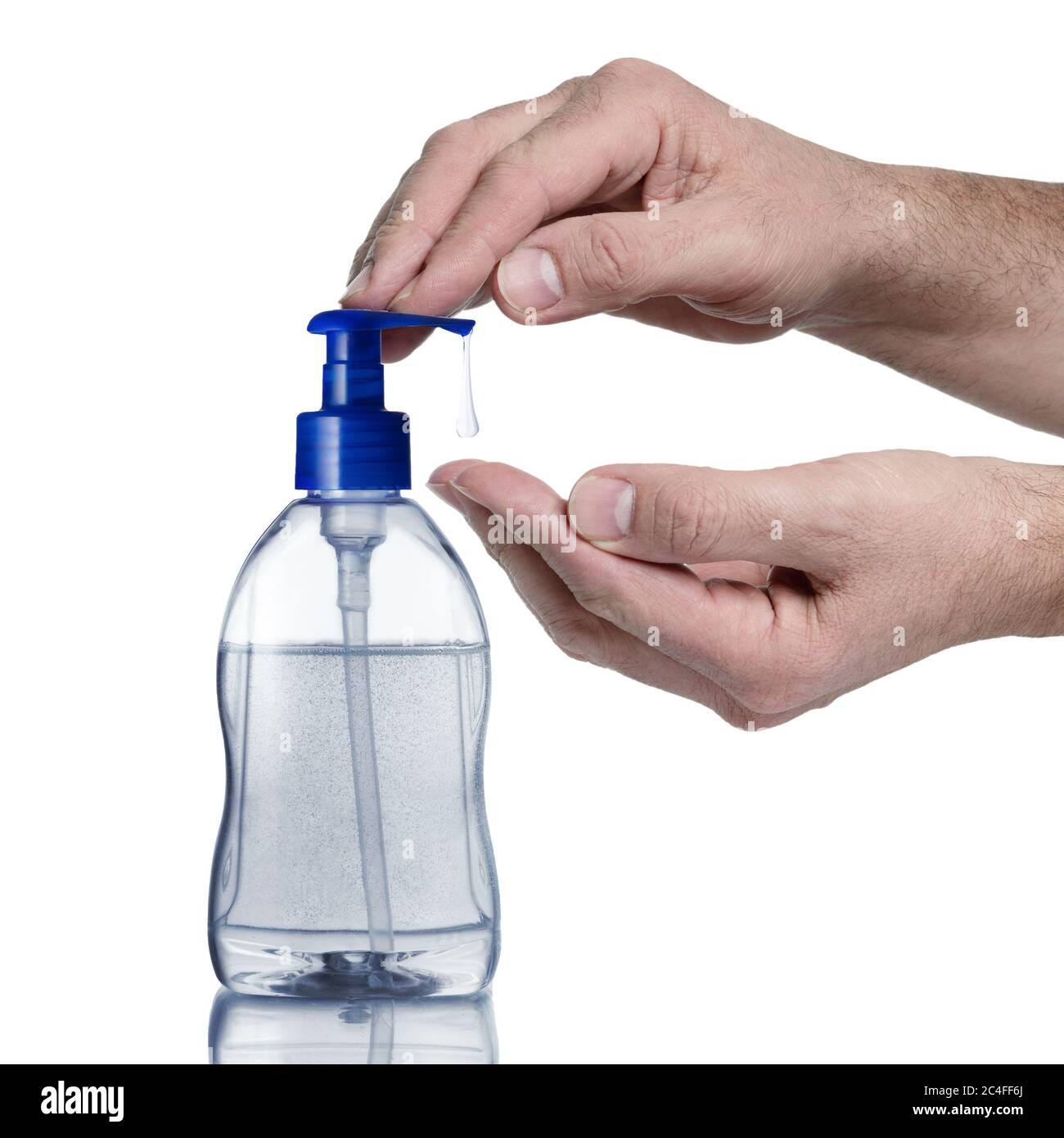Male hands using the wash hand sanitizer isolated on the white ...