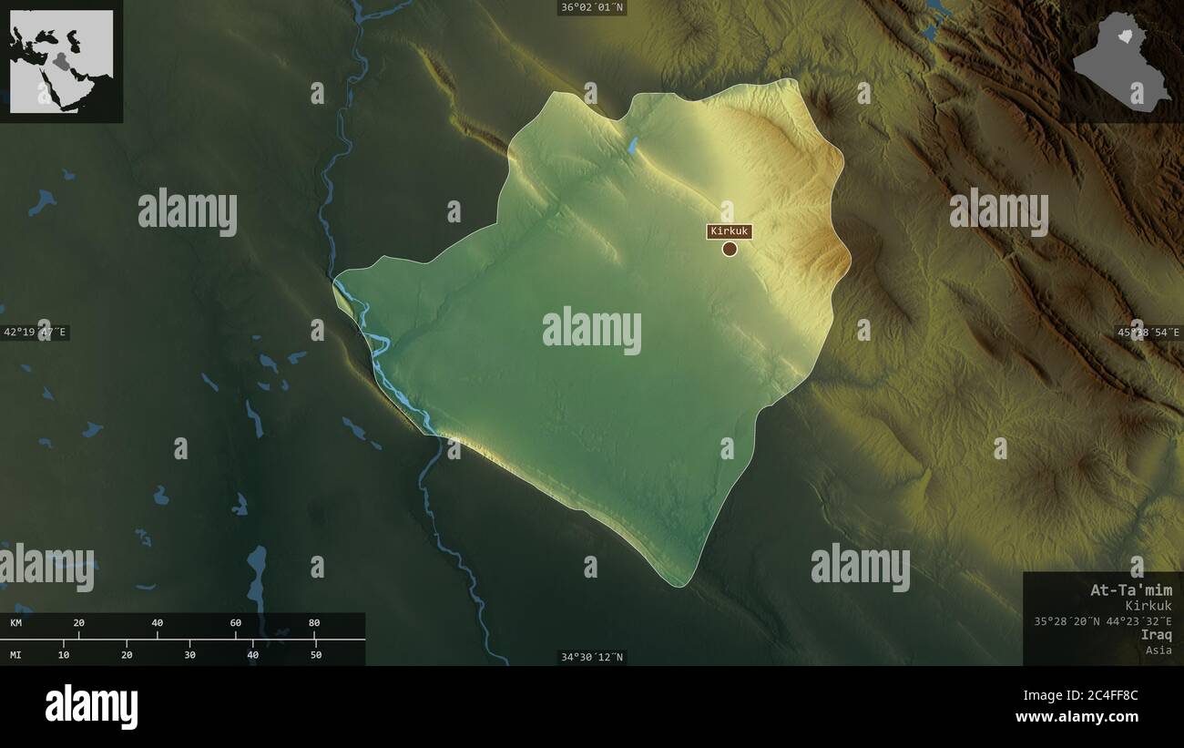 At-Ta'mim, province of Iraq. Colored relief with lakes and rivers ...