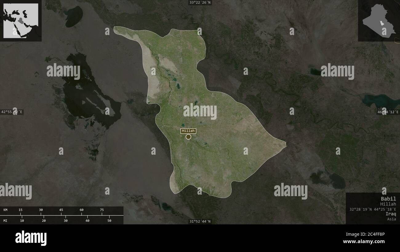 Babil, province of Iraq. Satellite imagery. Shape presented against its ...