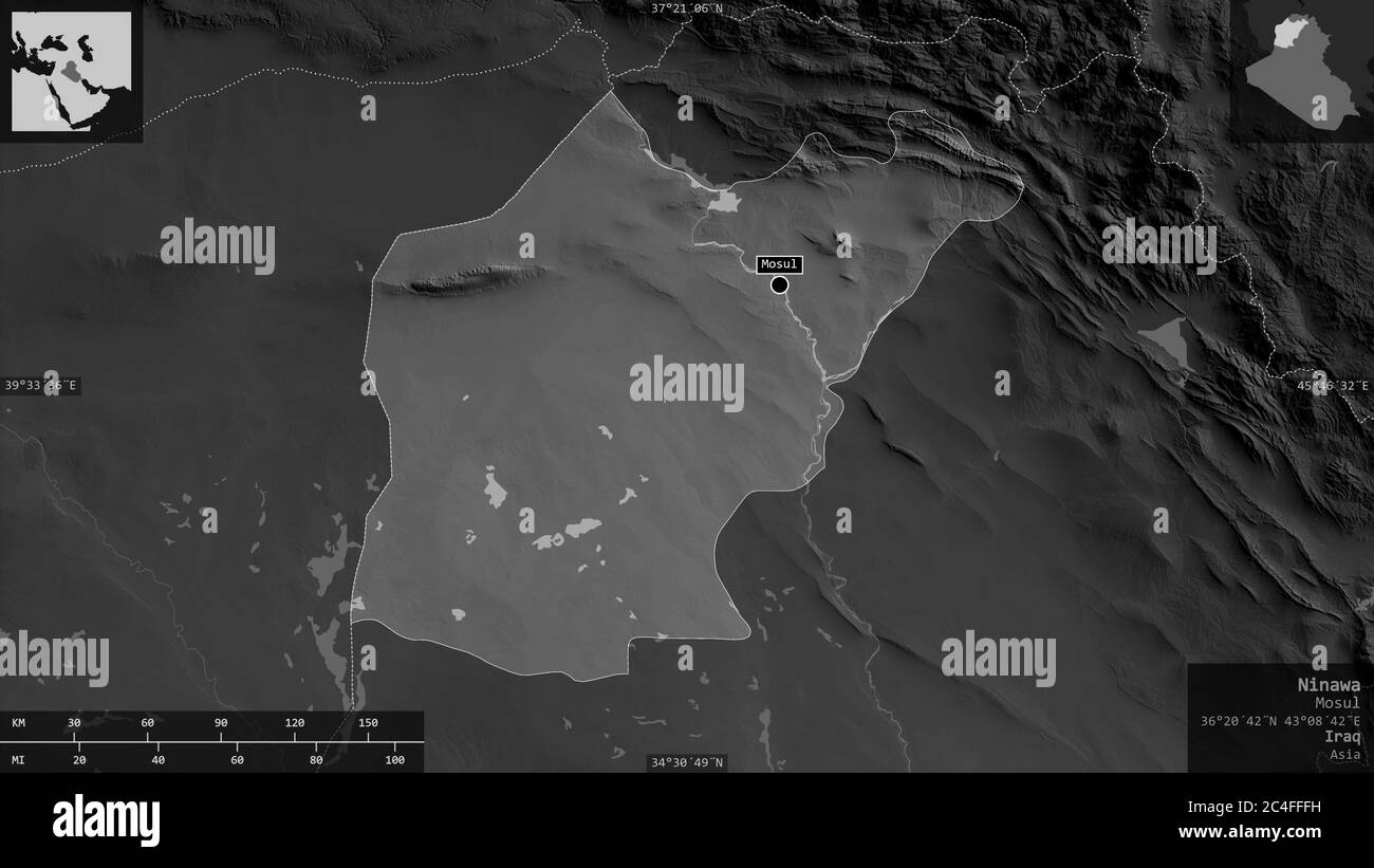 Ninawa, province of Iraq. Grayscaled map with lakes and rivers. Shape ... Ninawa, province of Iraq. Grayscaled map with lakes and rivers. Shape ...