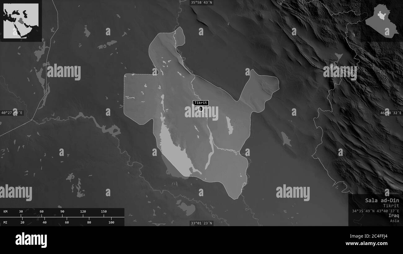 Sala ad-Din, province of Iraq. Grayscaled map with lakes and rivers ...