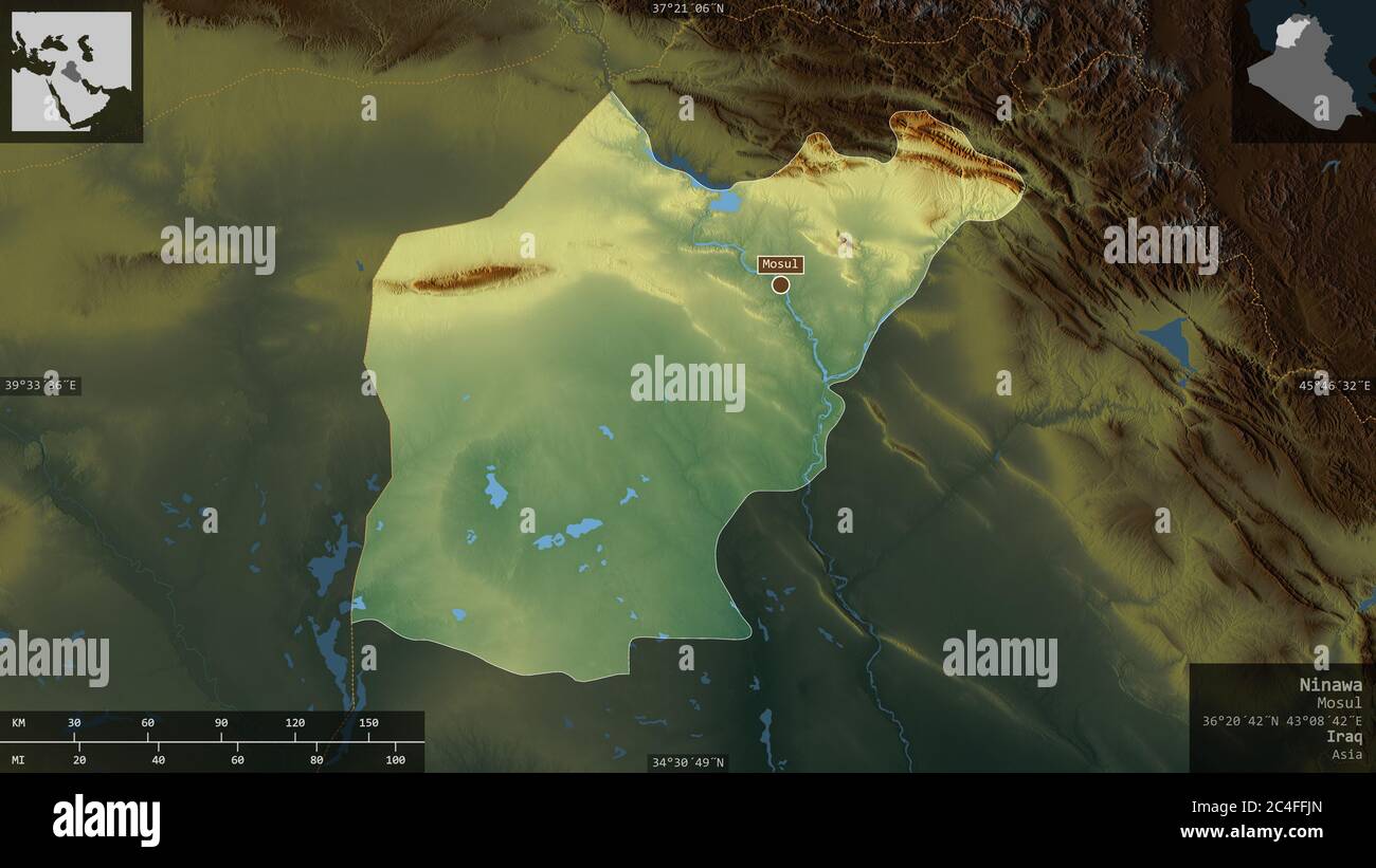 Ninawa, province of Iraq. Colored relief with lakes and rivers. Shape ...