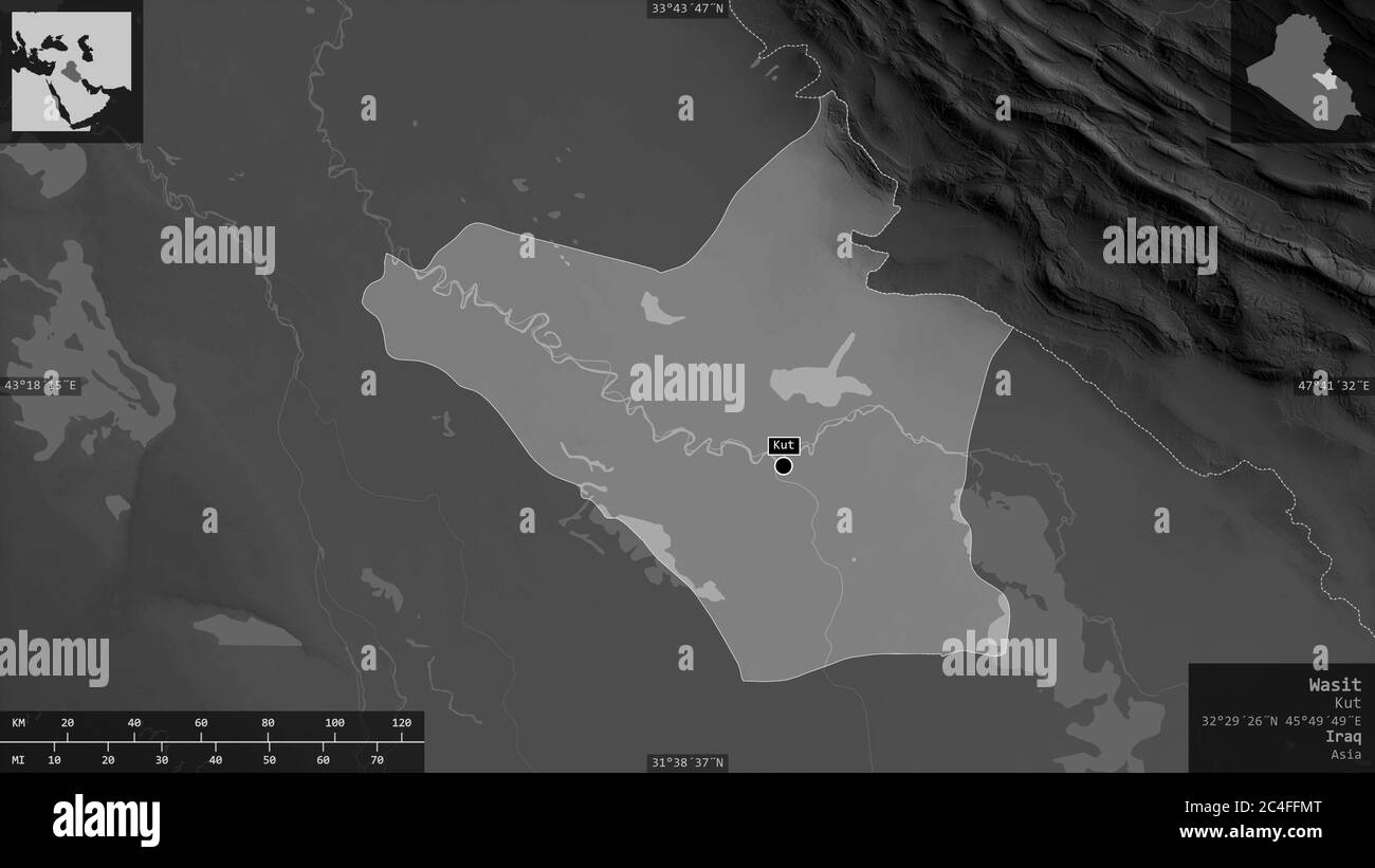 Wasit, province of Iraq. Grayscaled map with lakes and rivers. Shape ...