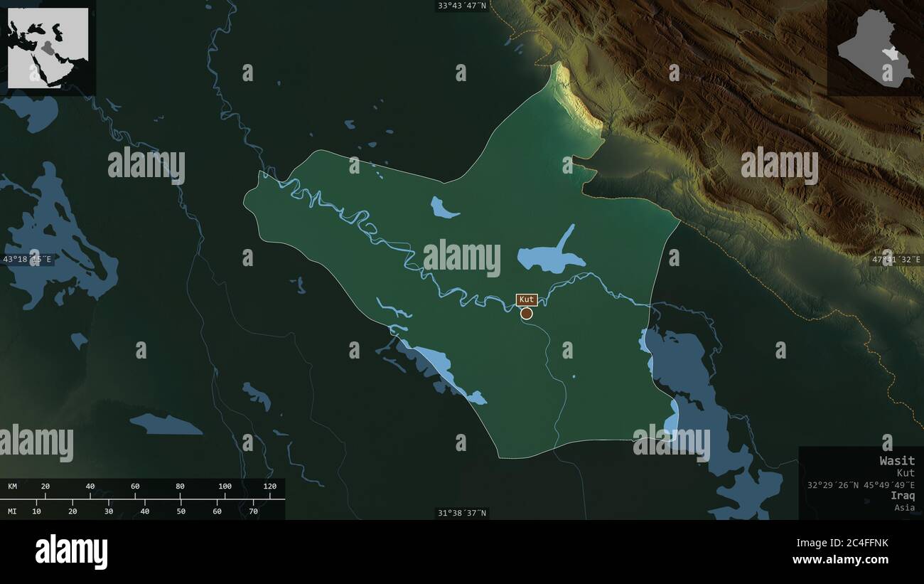 Wasit, province of Iraq. Colored relief with lakes and rivers. Shape ...