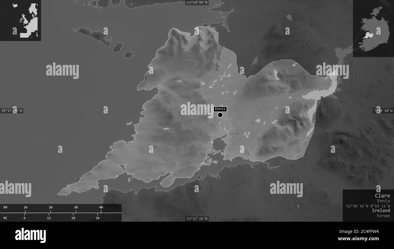 Clare, county of Ireland. Grayscaled map with lakes and rivers. Shape ...