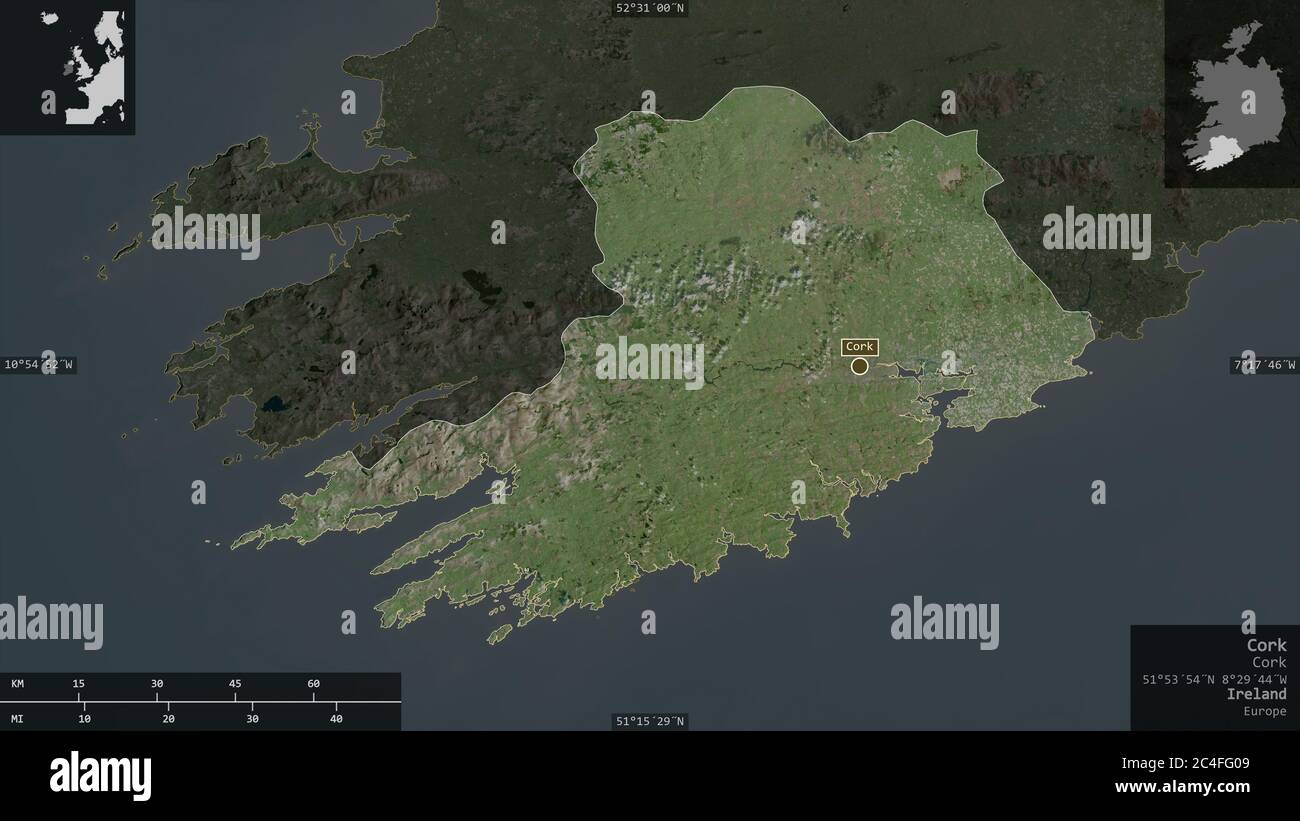 Cork, county of Ireland. Satellite imagery. Shape presented against its ...
