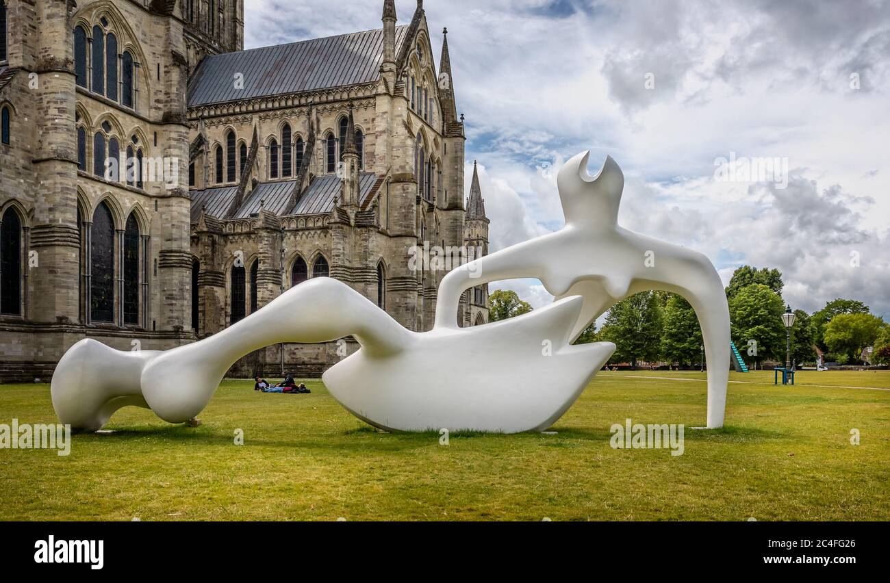 Large Reclining Figure sculpture by Henry Moore outside Salisbury Cathedral in Salisbury ...