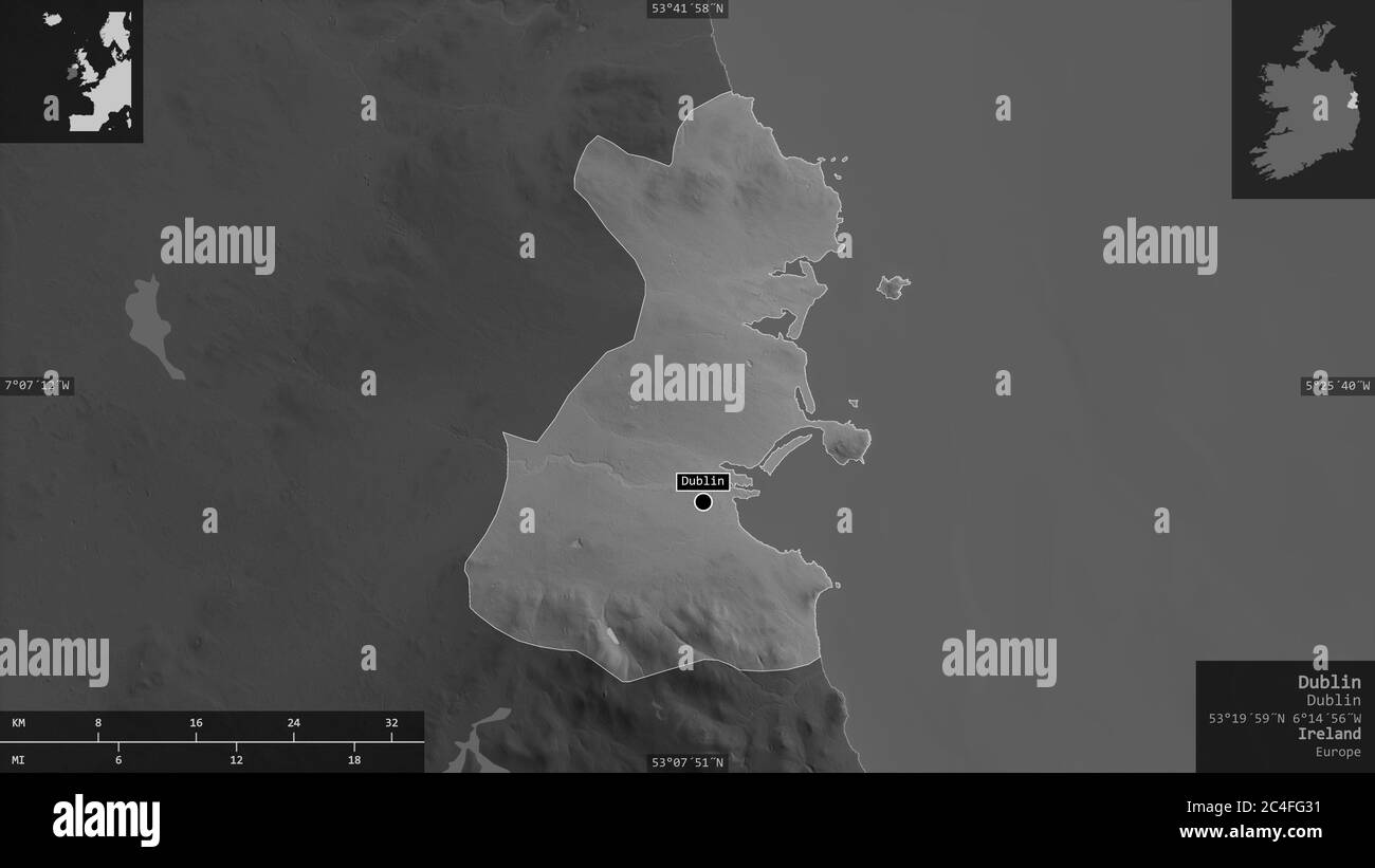 Dublin, county of Ireland. Grayscaled map with lakes and rivers. Shape ...