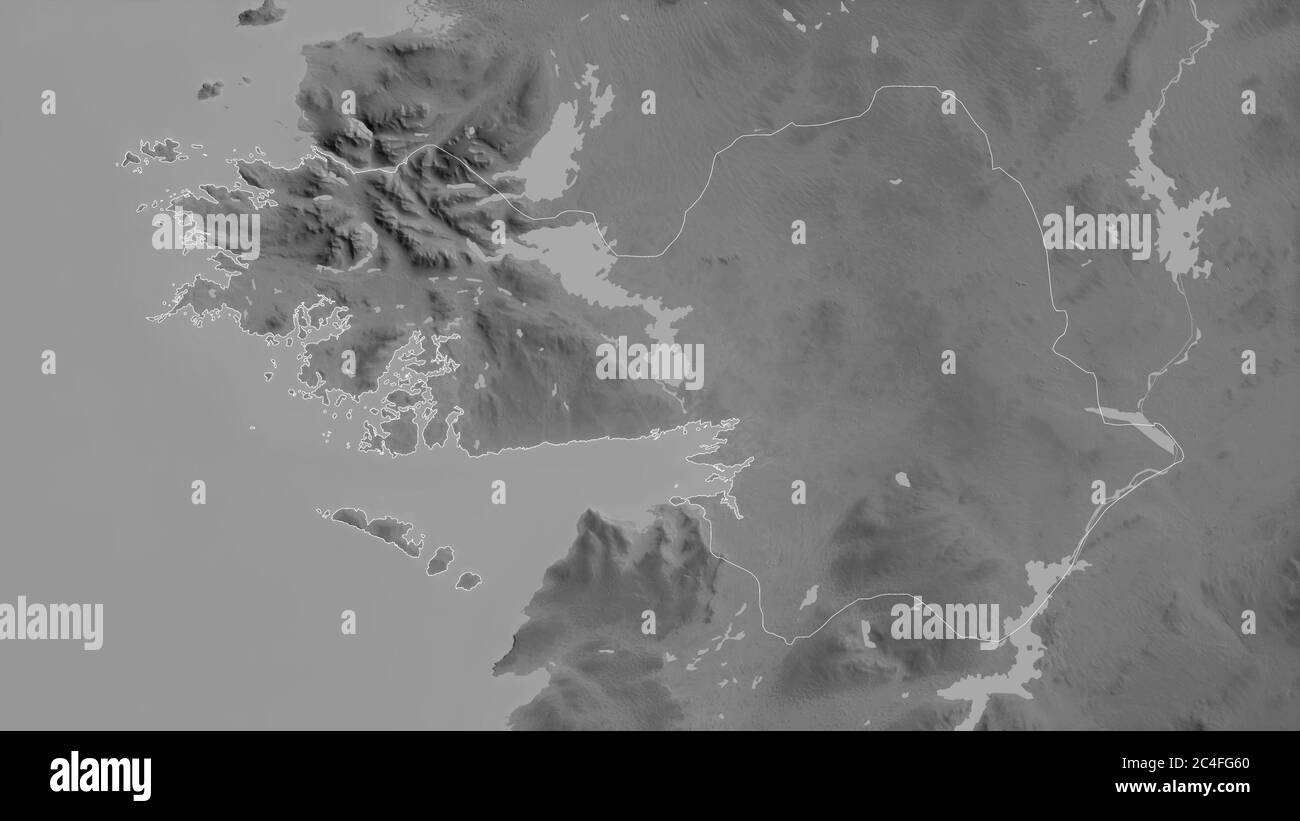 Galway, county of Ireland. Grayscaled map with lakes and rivers. Shape ...