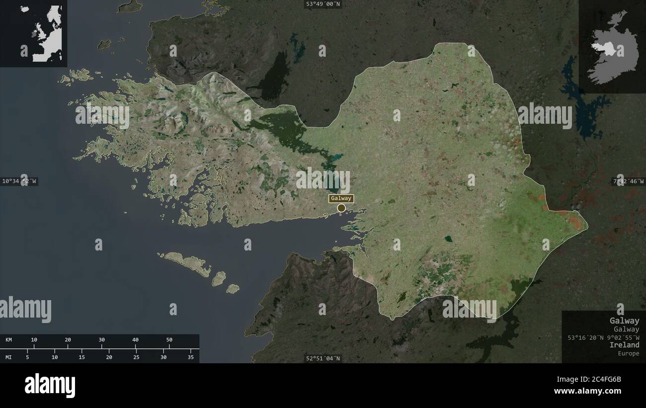 Galway, county of Ireland. Satellite imagery. Shape presented against ...