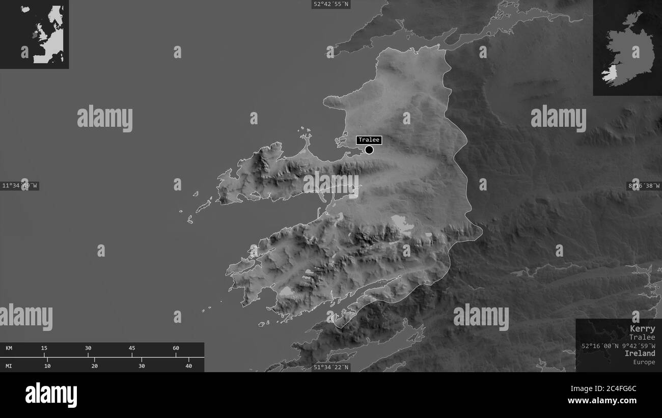 Kerry, county of Ireland. Grayscaled map with lakes and rivers. Shape ...