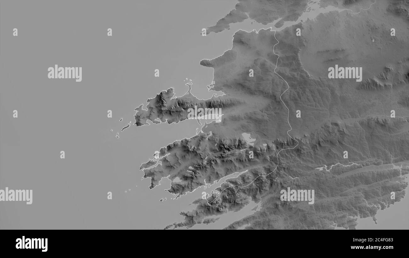 Kerry, county of Ireland. Grayscaled map with lakes and rivers. Shape ...