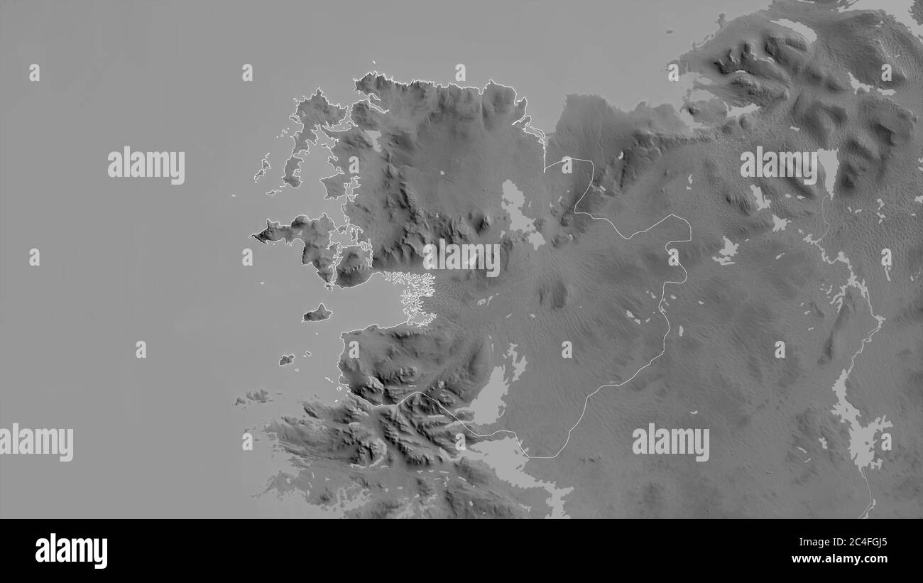 Mayo, county of Ireland. Grayscaled map with lakes and rivers. Shape ...