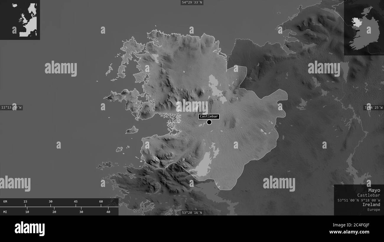 Mayo, county of Ireland. Grayscaled map with lakes and rivers. Shape ...
