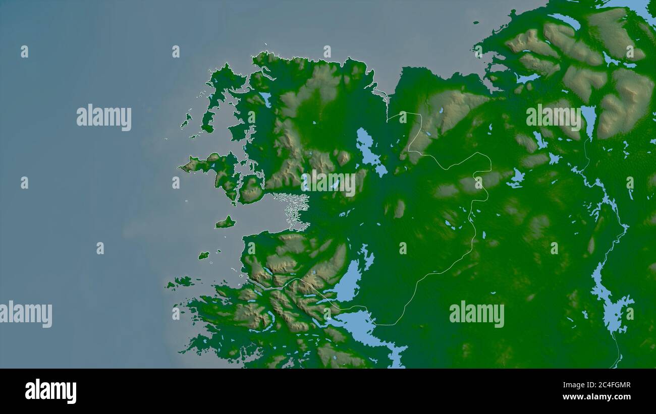 Mayo, county of Ireland. Colored shader data with lakes and rivers ...
