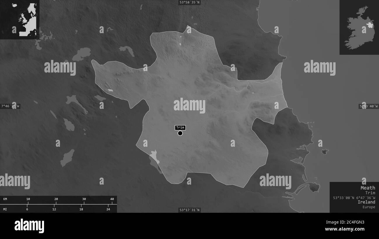 Meath, county of Ireland. Grayscaled map with lakes and rivers. Shape ...