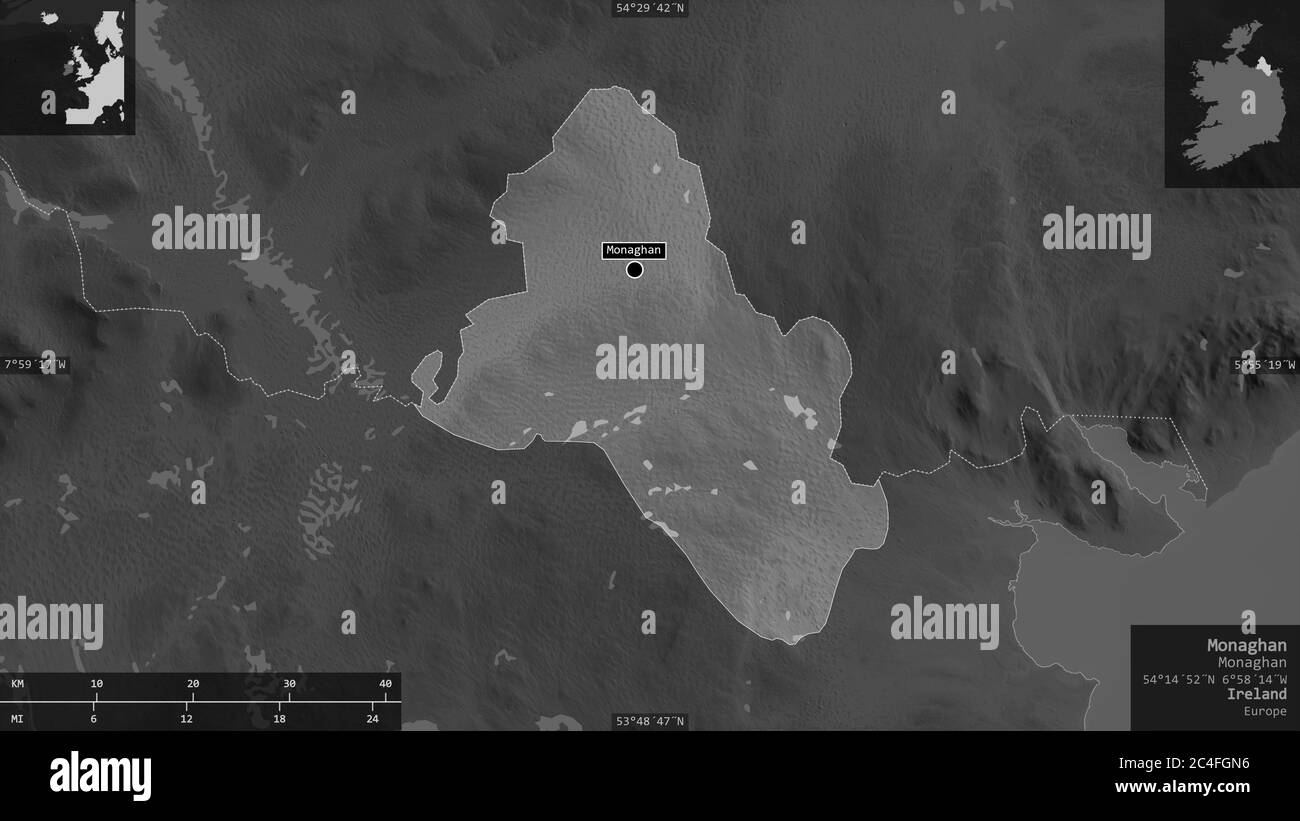 Monaghan, county of Ireland. Grayscaled map with lakes and rivers ...