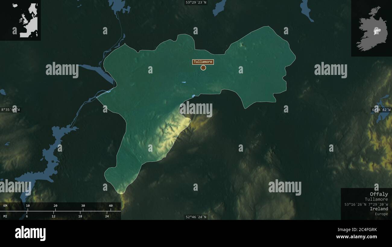 Offaly, county of Ireland. Colored relief with lakes and rivers. Shape ...