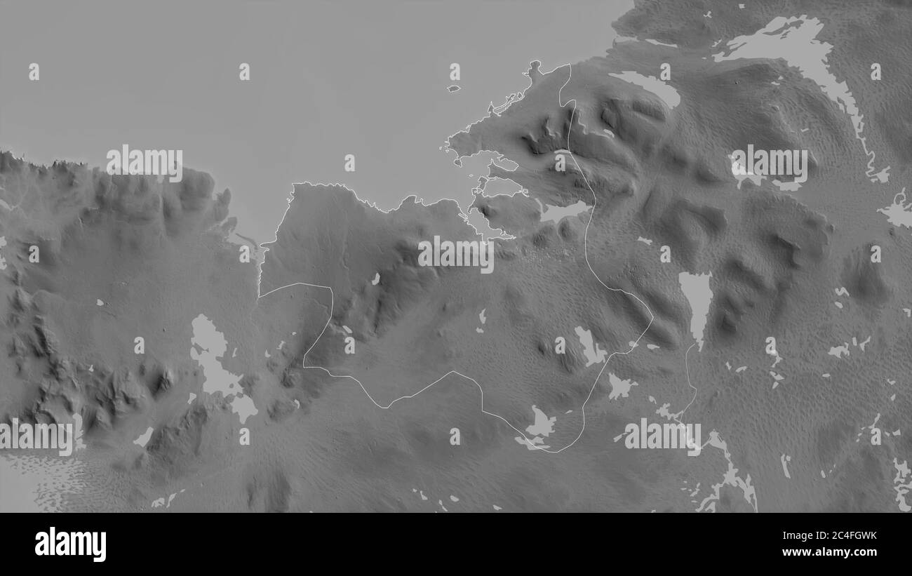Sligo, county of Ireland. Grayscaled map with lakes and rivers. Shape ...