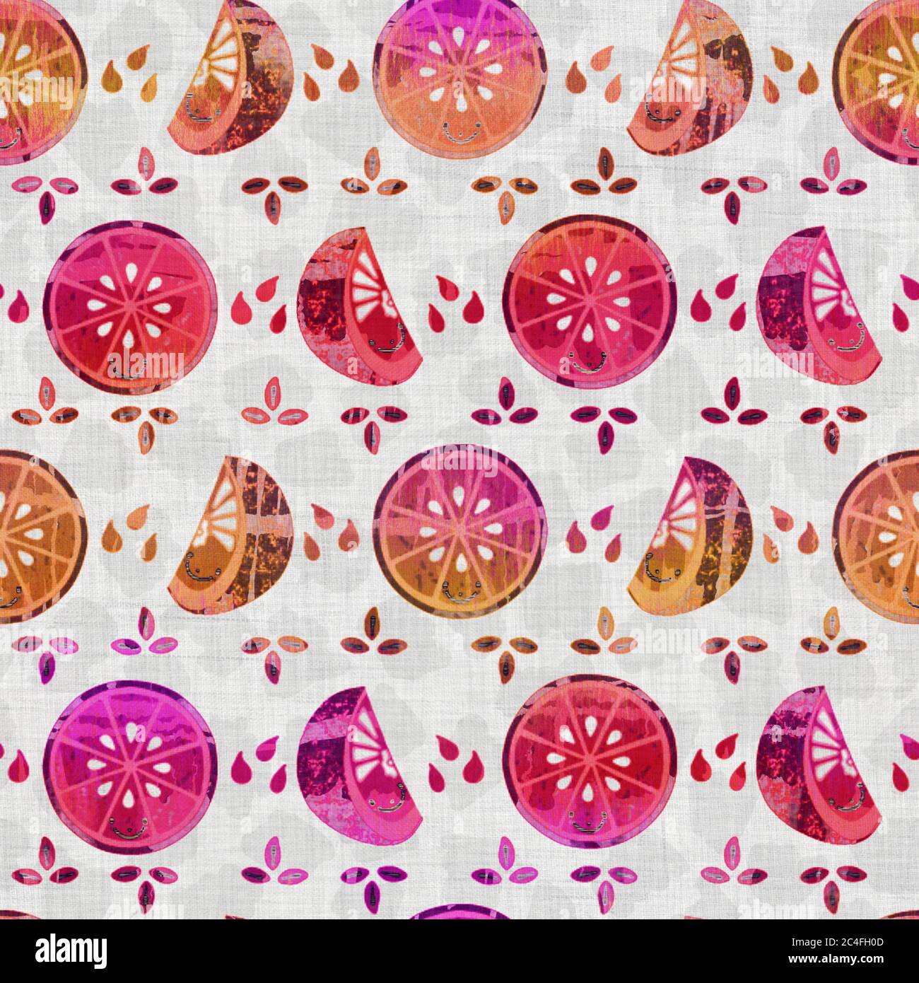 Seamless fruit collage woven texture. Hand drawn grunge damask on linen ...