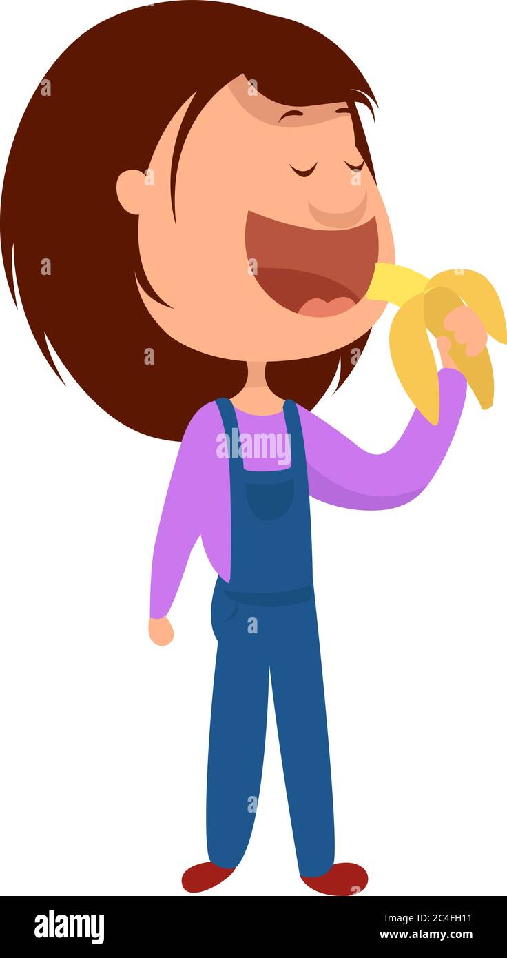 Girl eating banana, illustration, vector on white background Stock ...