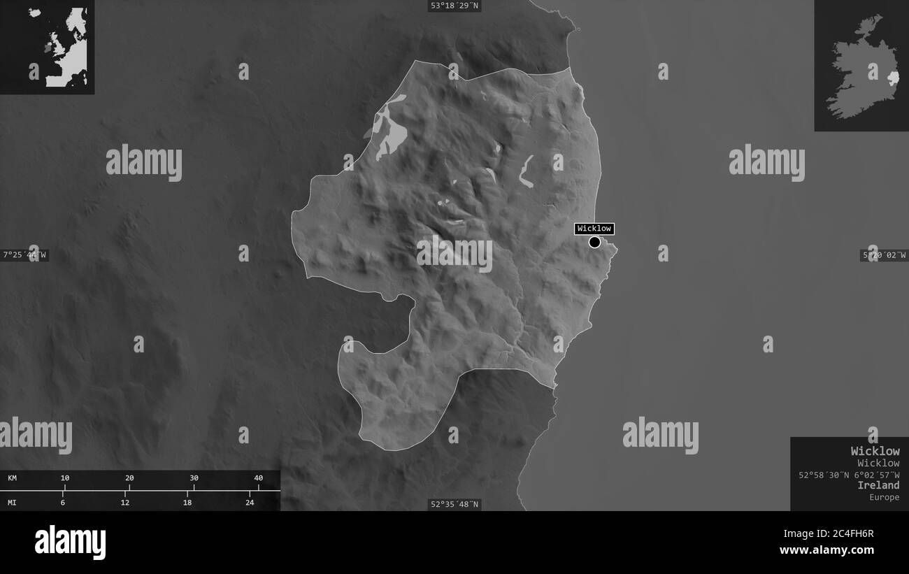 Wicklow, county of Ireland. Grayscaled map with lakes and rivers. Shape ...