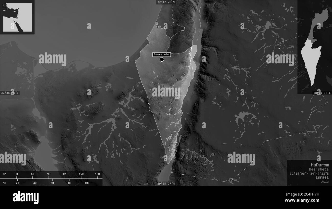 HaDarom, district of Israel. Grayscaled map with lakes and rivers ...