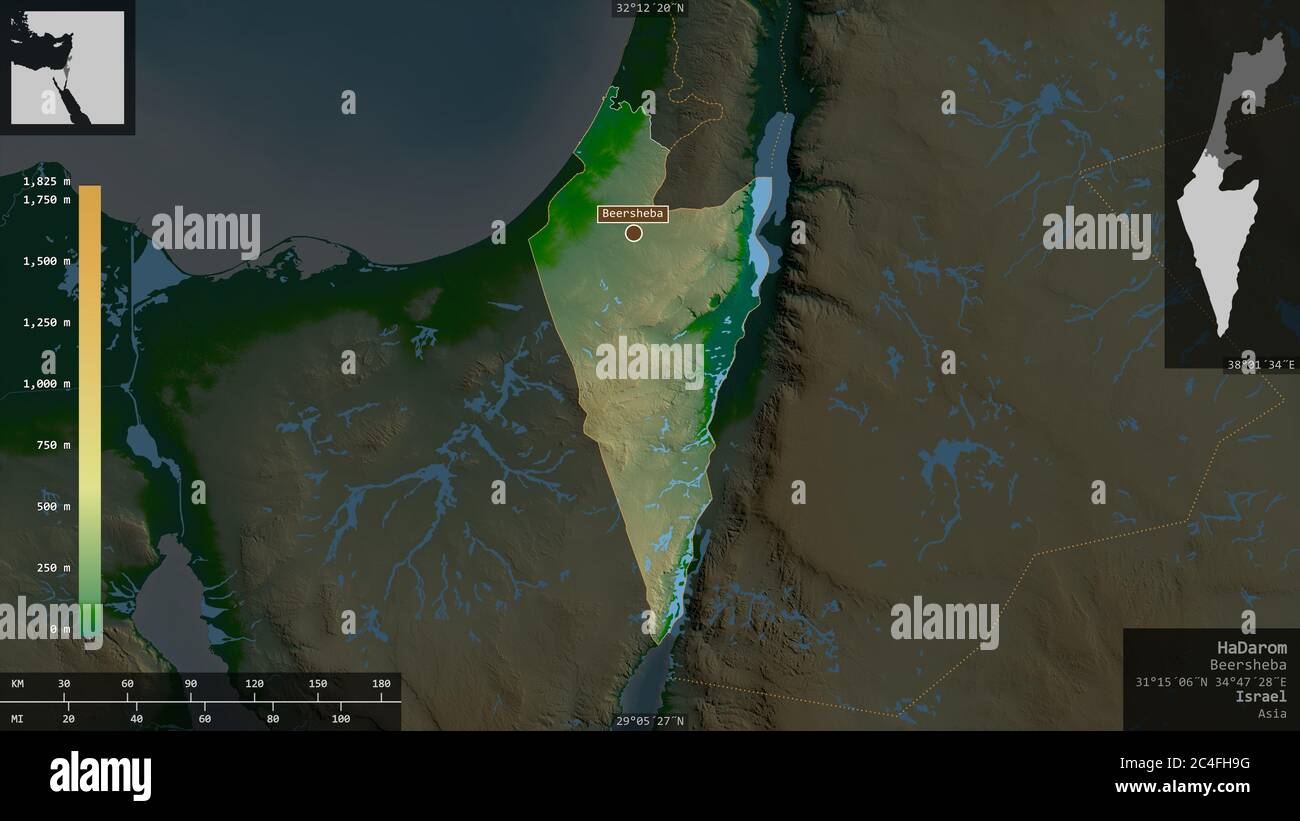 HaDarom, district of Israel. Colored shader data with lakes and rivers ...
