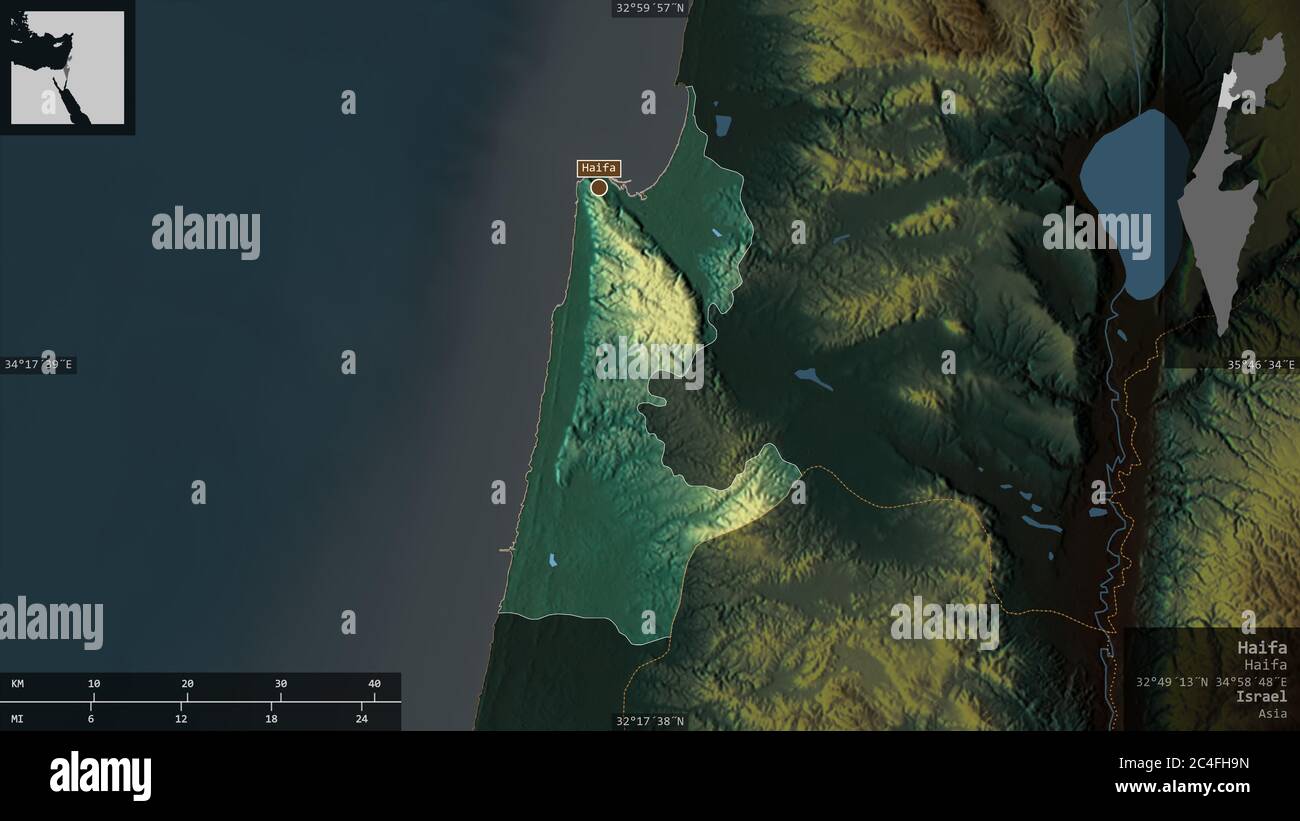 Haifa, district of Israel. Colored relief with lakes and rivers. Shape ...