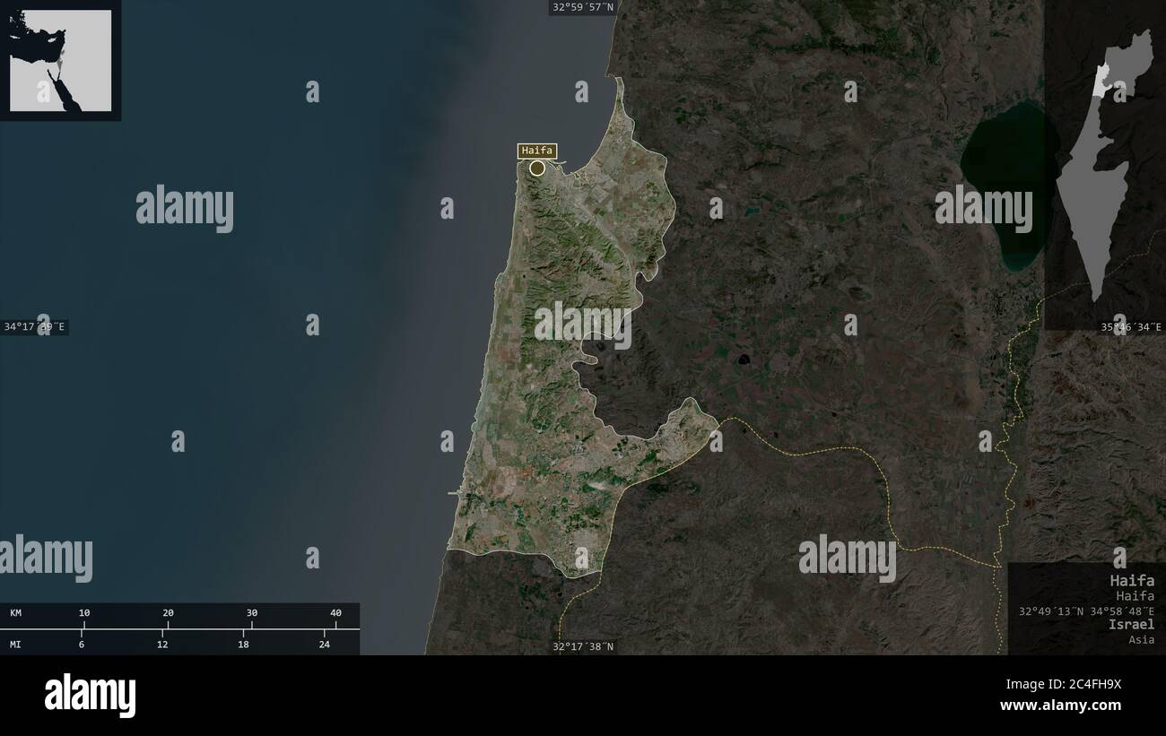 Haifa, district of Israel. Satellite imagery. Shape presented against ...