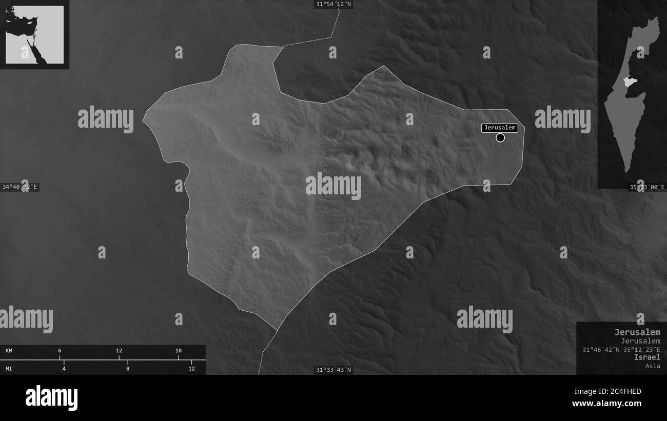 Jerusalem, district of Israel. Grayscaled map with lakes and rivers ...