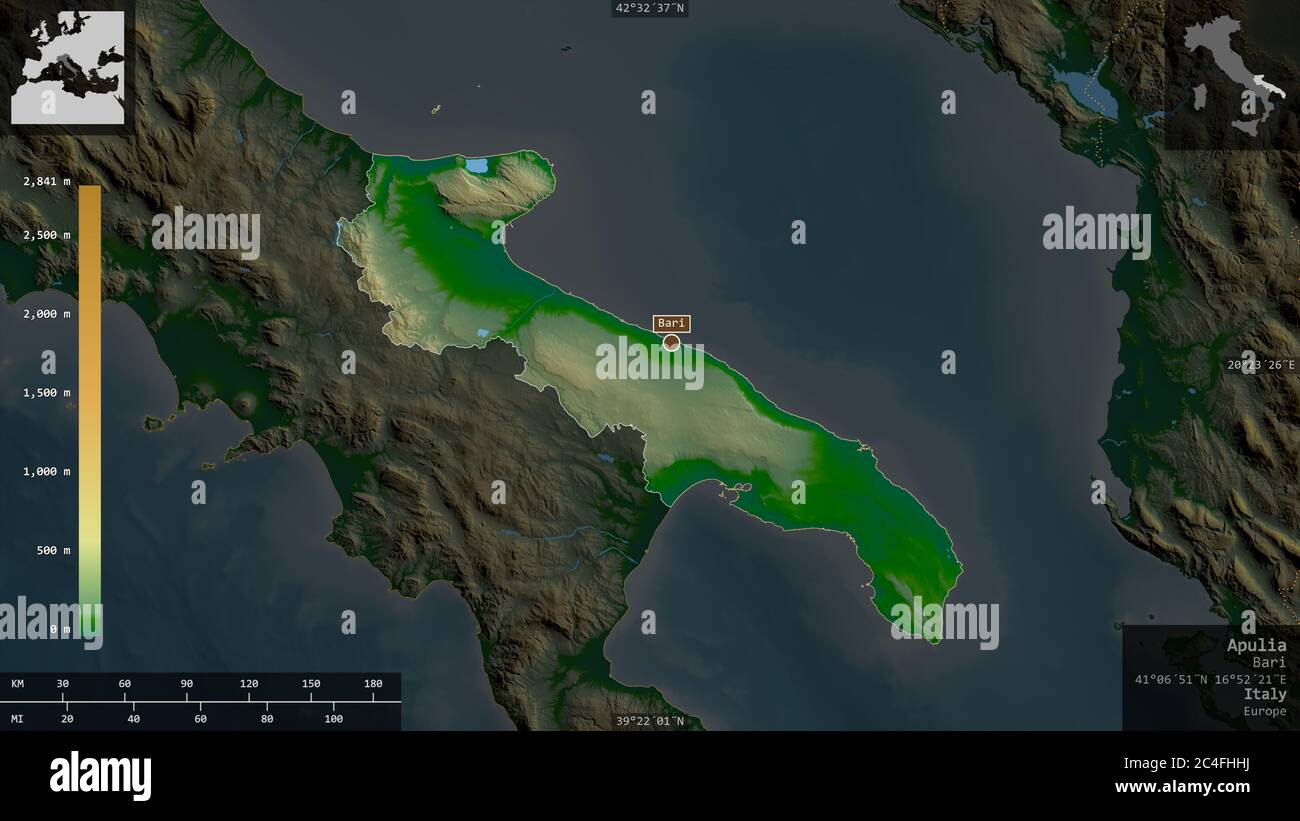 Apulia, region of Italy. Colored shader data with lakes and rivers ...