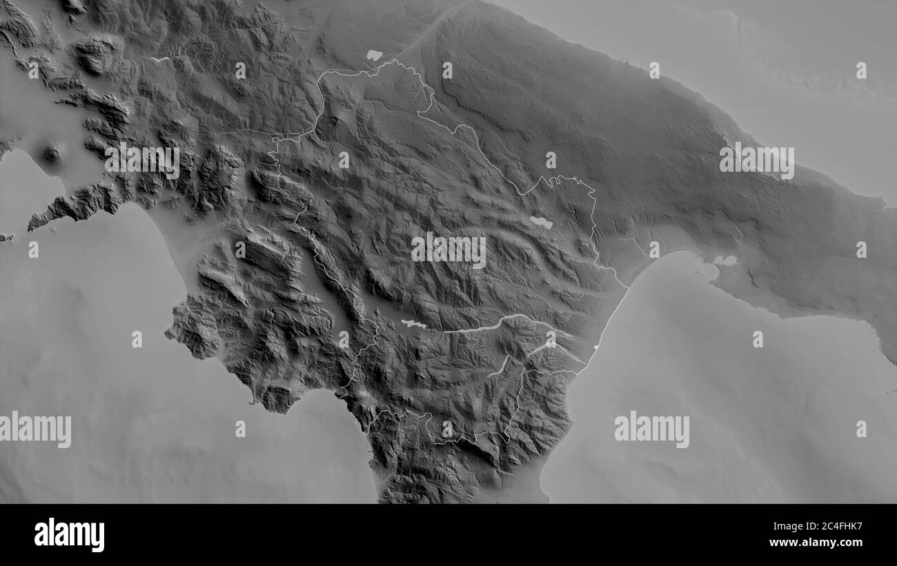 Basilicata, region of Italy. Grayscaled map with lakes and rivers ...