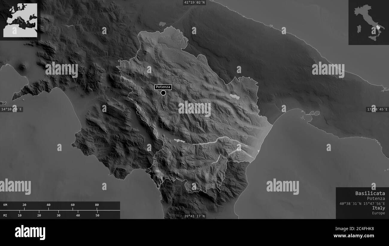 Basilicata, region of Italy. Grayscaled map with lakes and rivers ...