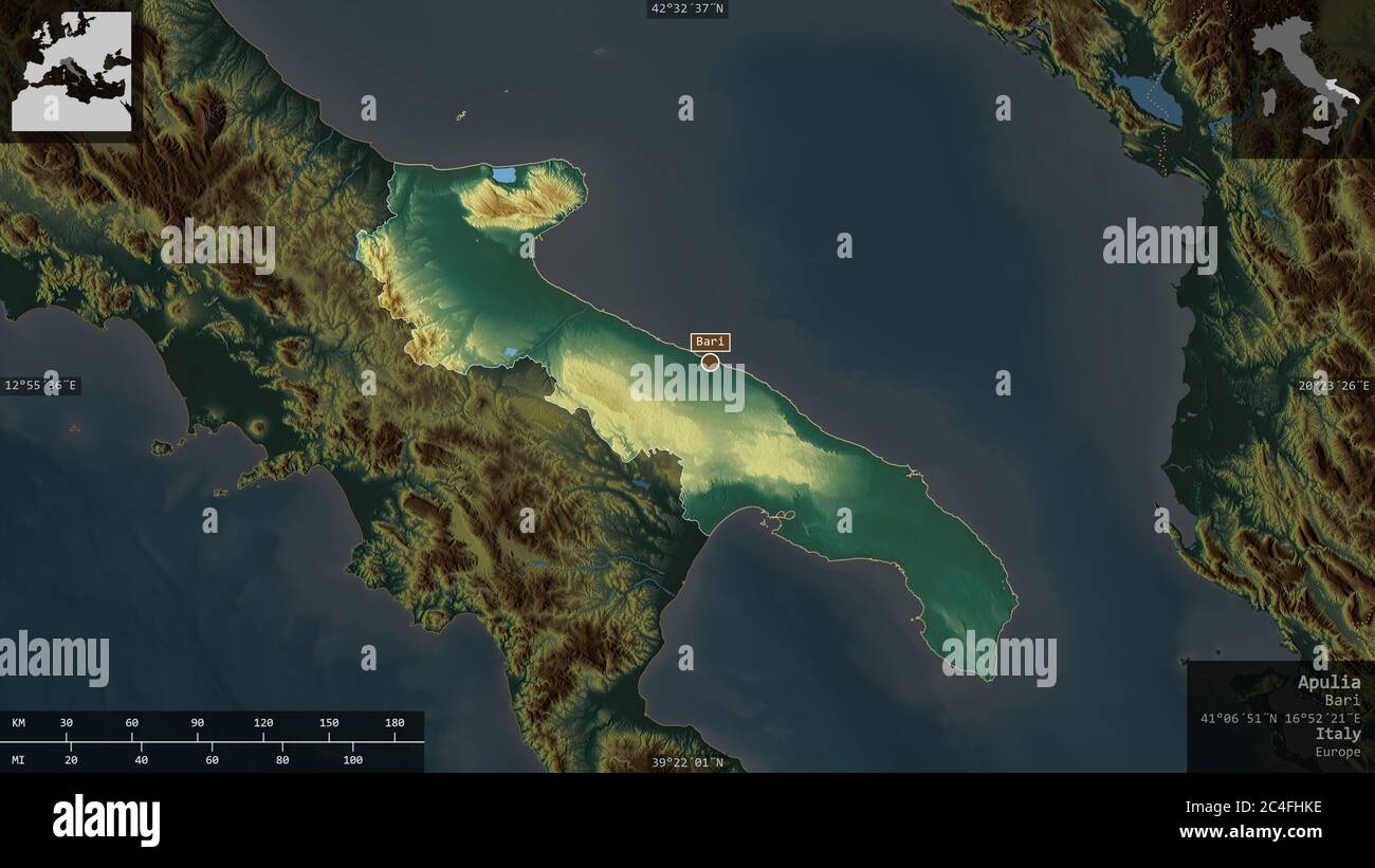 Apulia, region of Italy. Colored relief with lakes and rivers. Shape ...