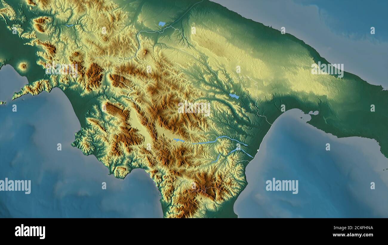 Basilicata, region of Italy. Colored relief with lakes and rivers ...