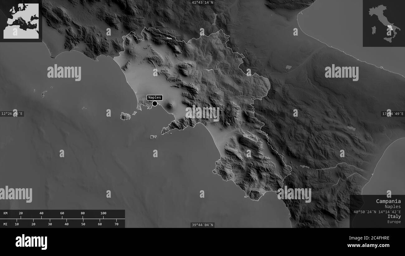 Campania, region of Italy. Grayscaled map with lakes and rivers. Shape ...