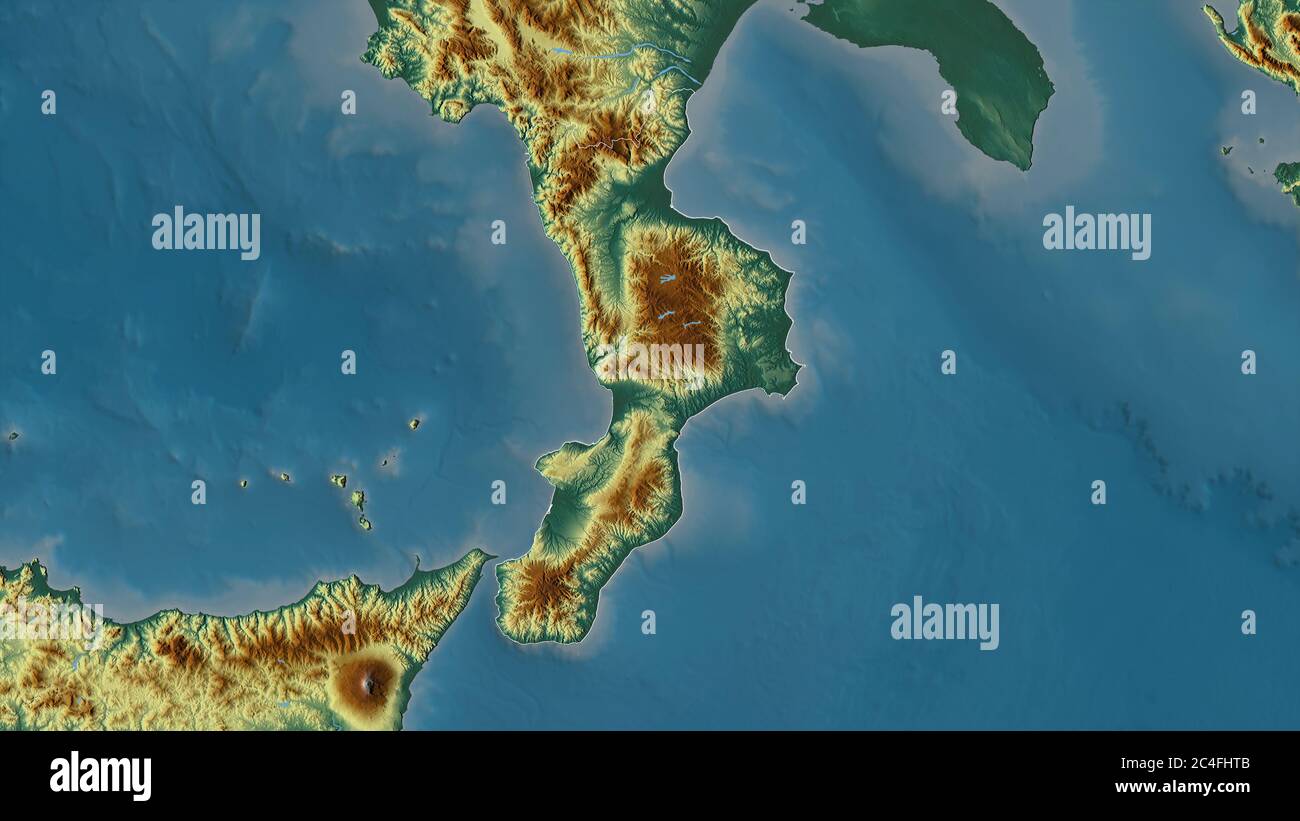 Calabria, region of Italy. Colored relief with lakes and rivers. Shape ...