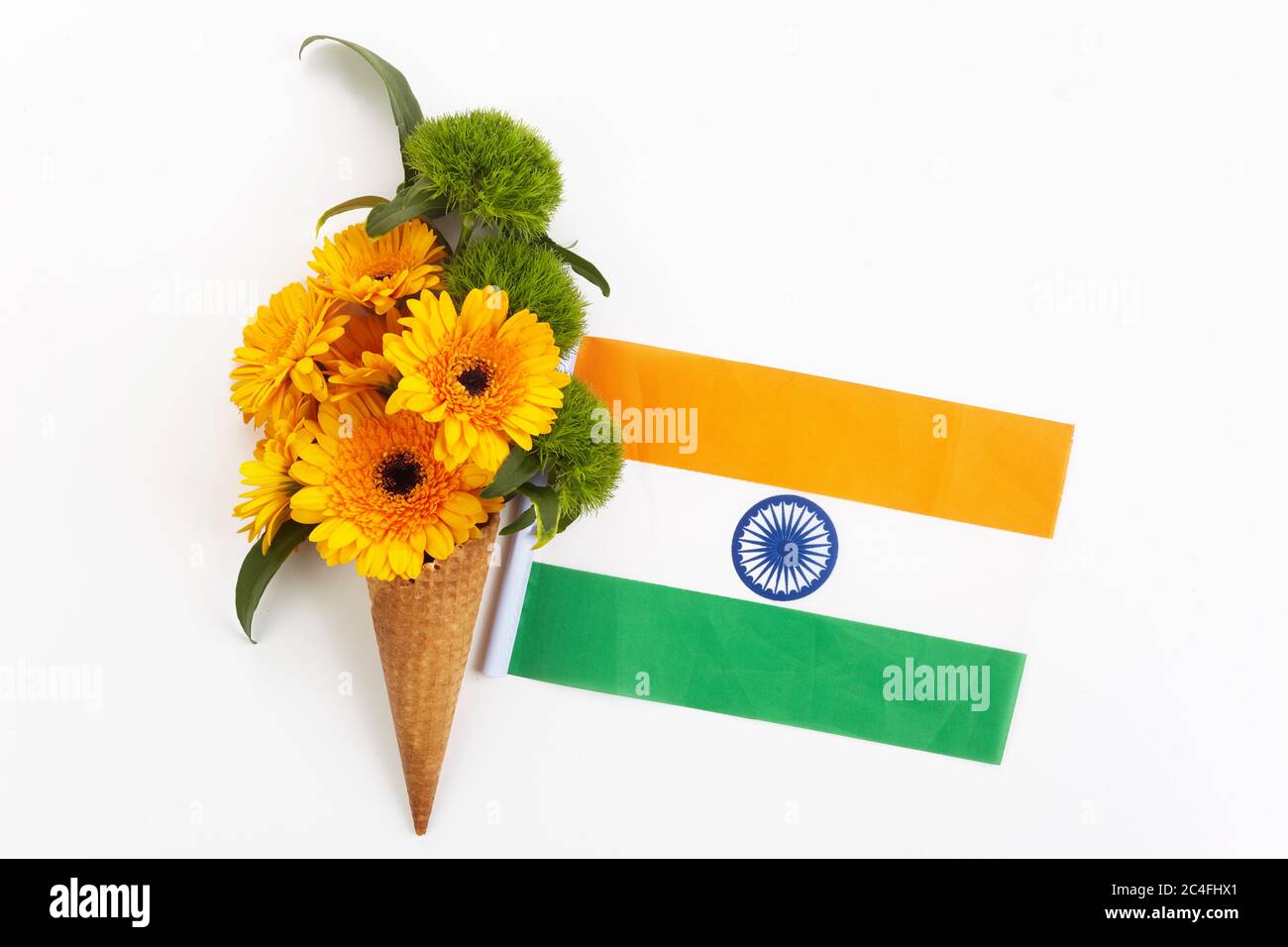 Abstract pattern with orange and green flowers in ice cream waffles and ...