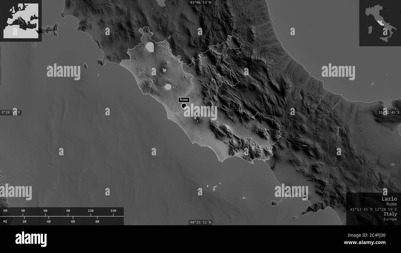 Lazio, region of Italy. Grayscaled map with lakes and rivers. Shape ...