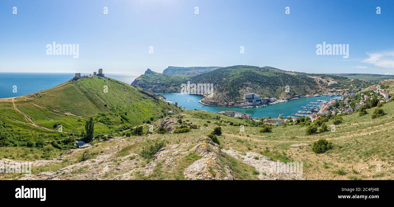 Scenic panoramic view of Balaclava bay with yachts from the ruines of ...