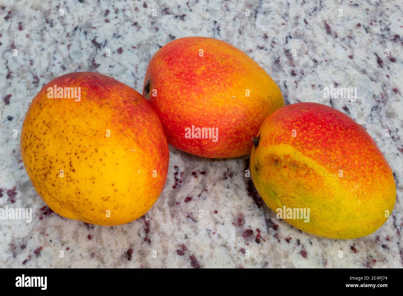 top view of three colorful mangoes on a light colored background Stock ...