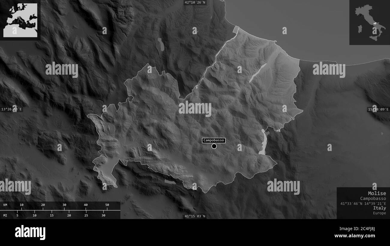 Molise, region of Italy. Grayscaled map with lakes and rivers. Shape ...