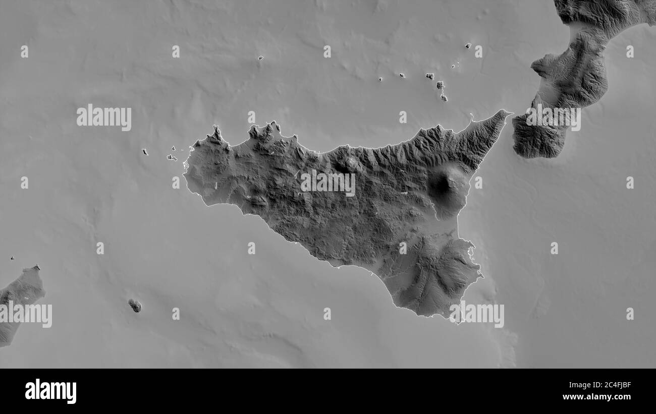 Sicily, autonomous region of Italy. Grayscaled map with lakes and ...