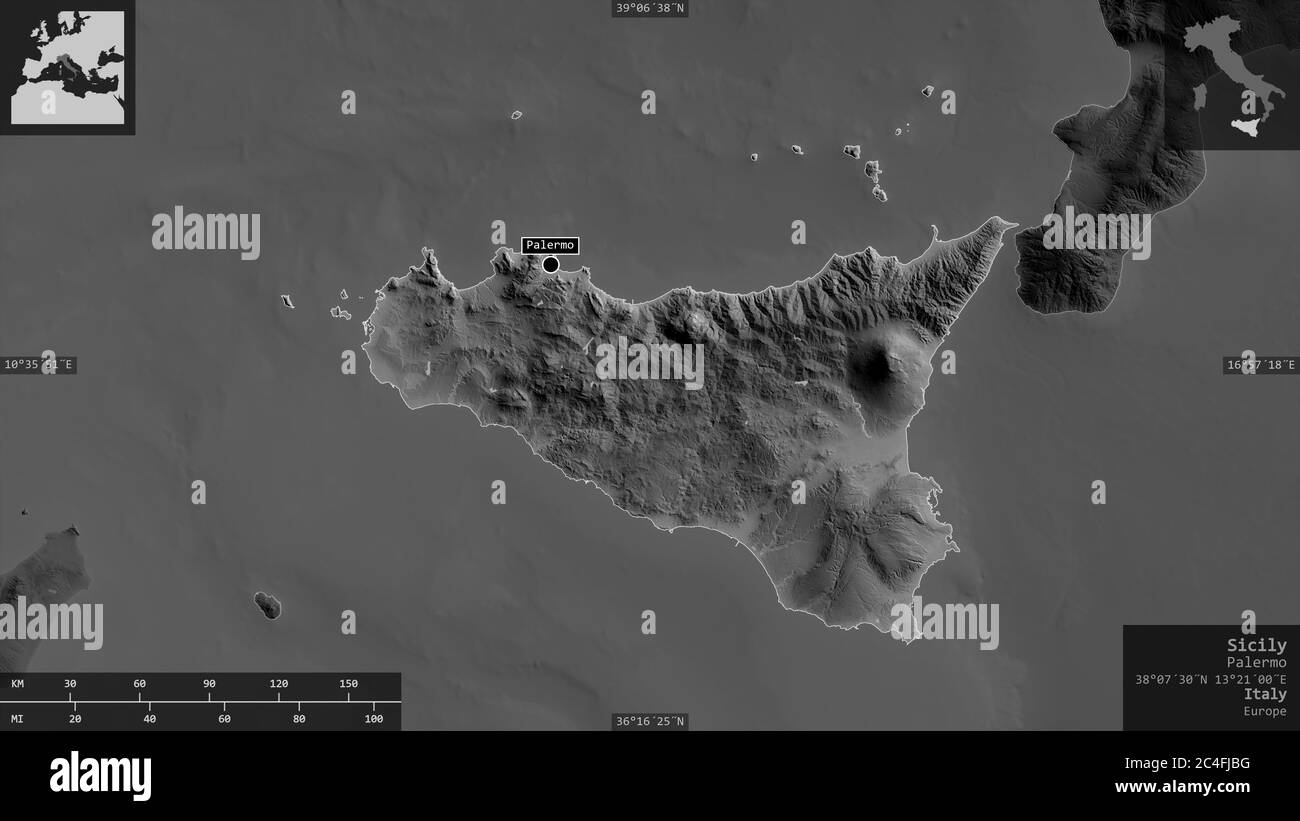 Sicily, autonomous region of Italy. Grayscaled map with lakes and ...