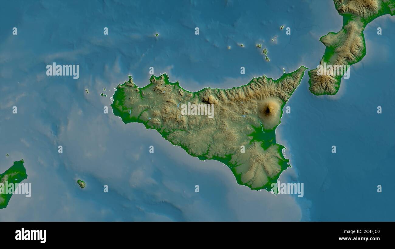Sicily, autonomous region of Italy. Colored shader data with lakes and ...