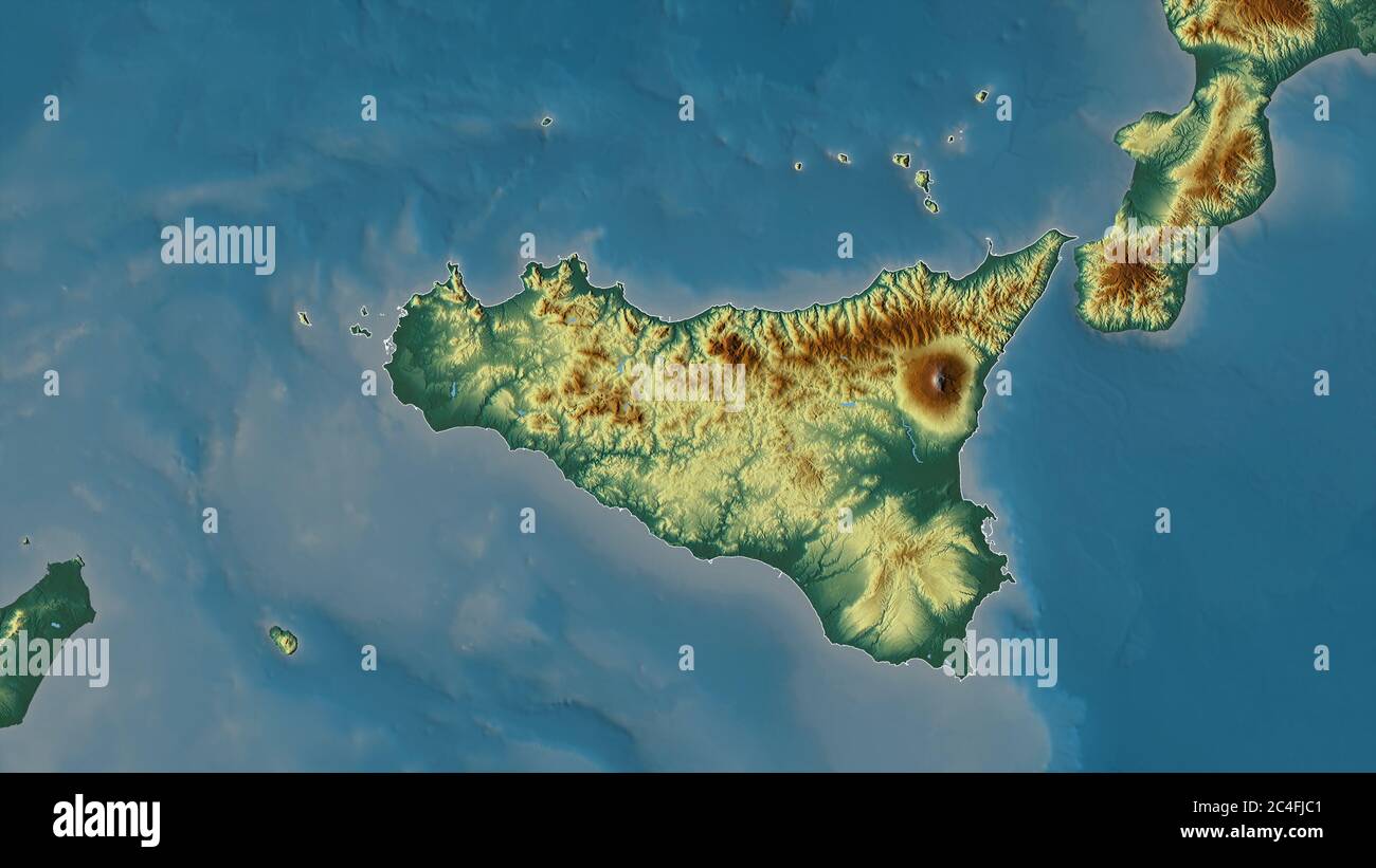 Sicily, autonomous region of Italy. Colored relief with lakes and ...